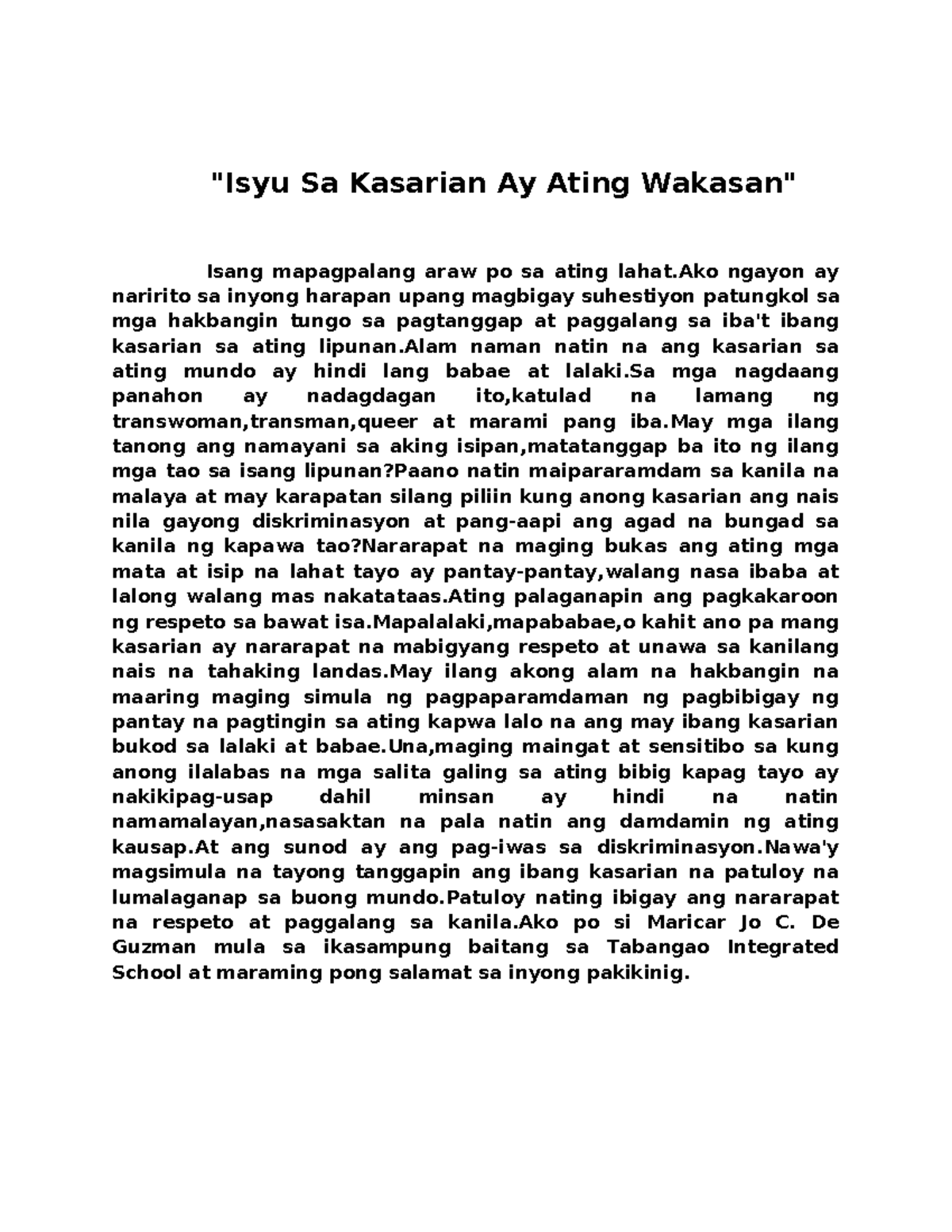 Isyu Sa Kasarian-WPS Office - "Isyu Sa Kasarian Ay Ating Wakasan" Isang ...
