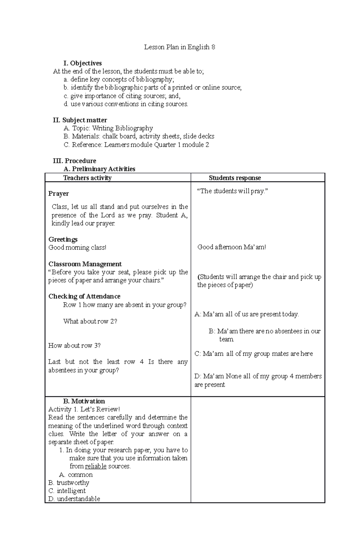 Lesson Plan in English 8 Writing Bibliiography - Lesson Plan in English ...