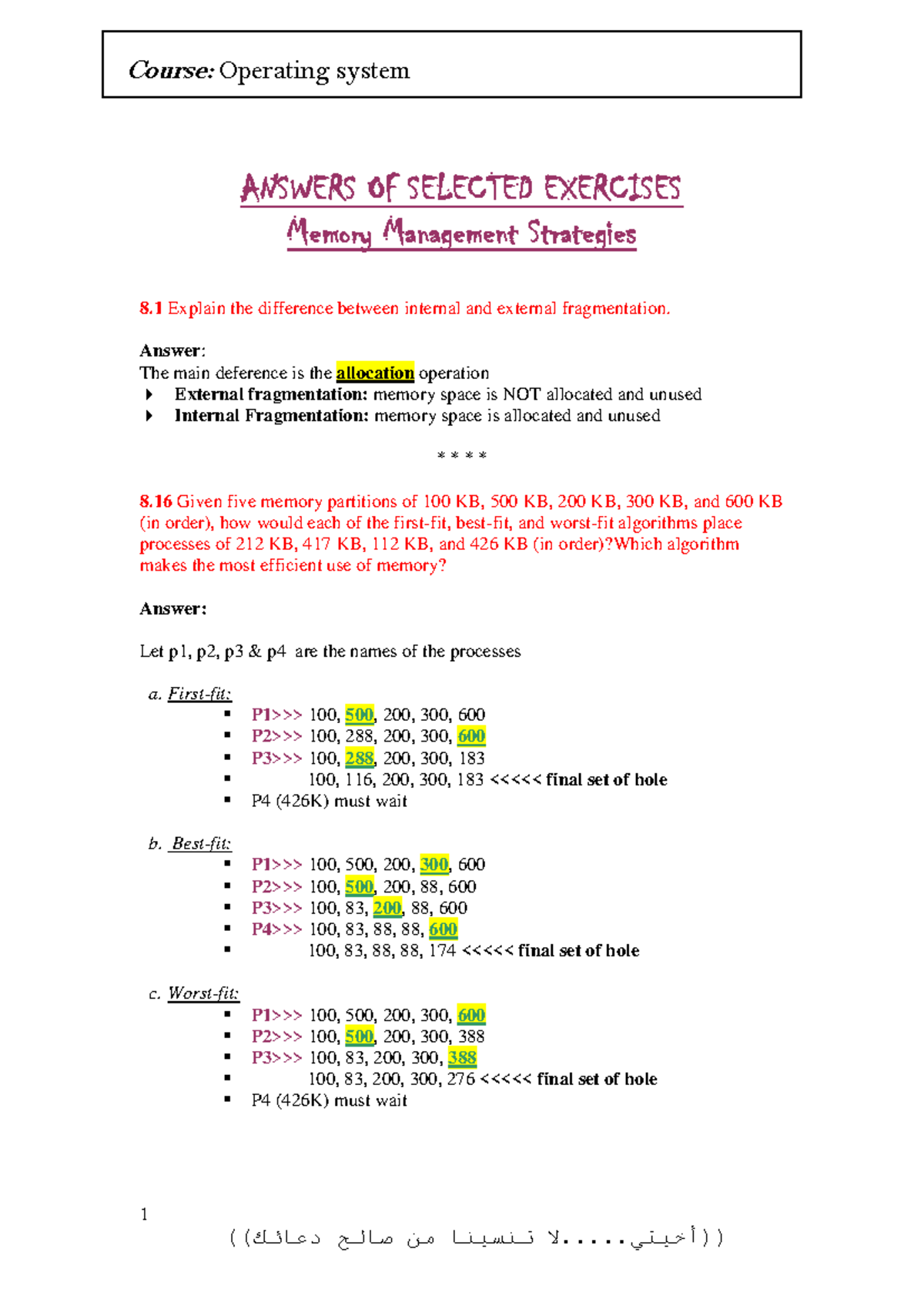 Memory management exercises answers new - 1 ANSWERS OF SELECTED ...