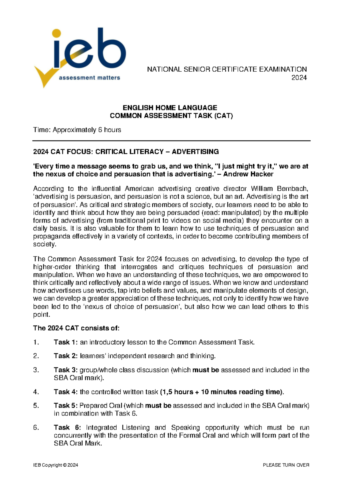 NSC English HL CAT 2024 copy - IEB Copyright © 2024 PLEASE TURN OVER ...