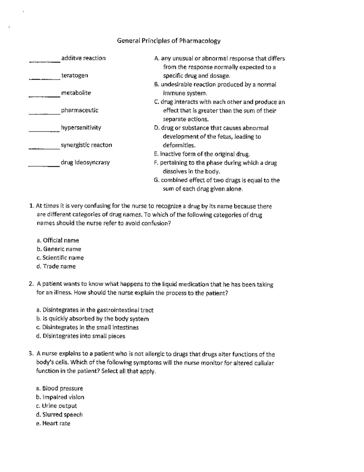 Pharmacology General Principles worksheet - NUR170 - Studocu