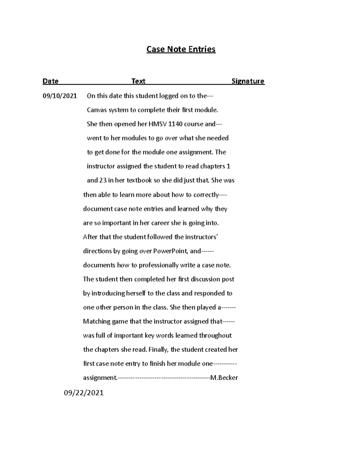 Case Note Writting Assignment - Case Note Entries Date Text Signature ...