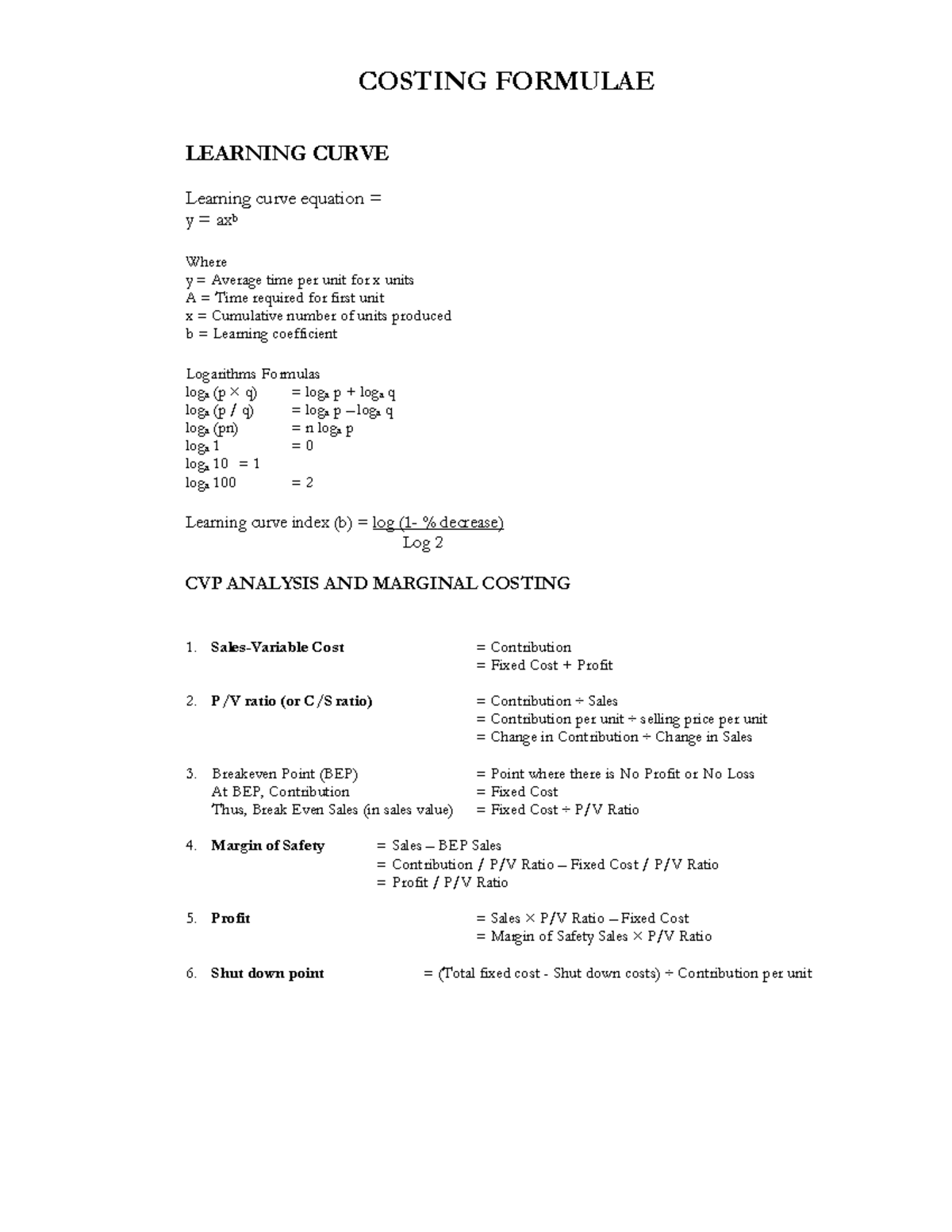 Standard costing formulas Chp 14 - COSTING FORMULAE LEARNING CURVE ...