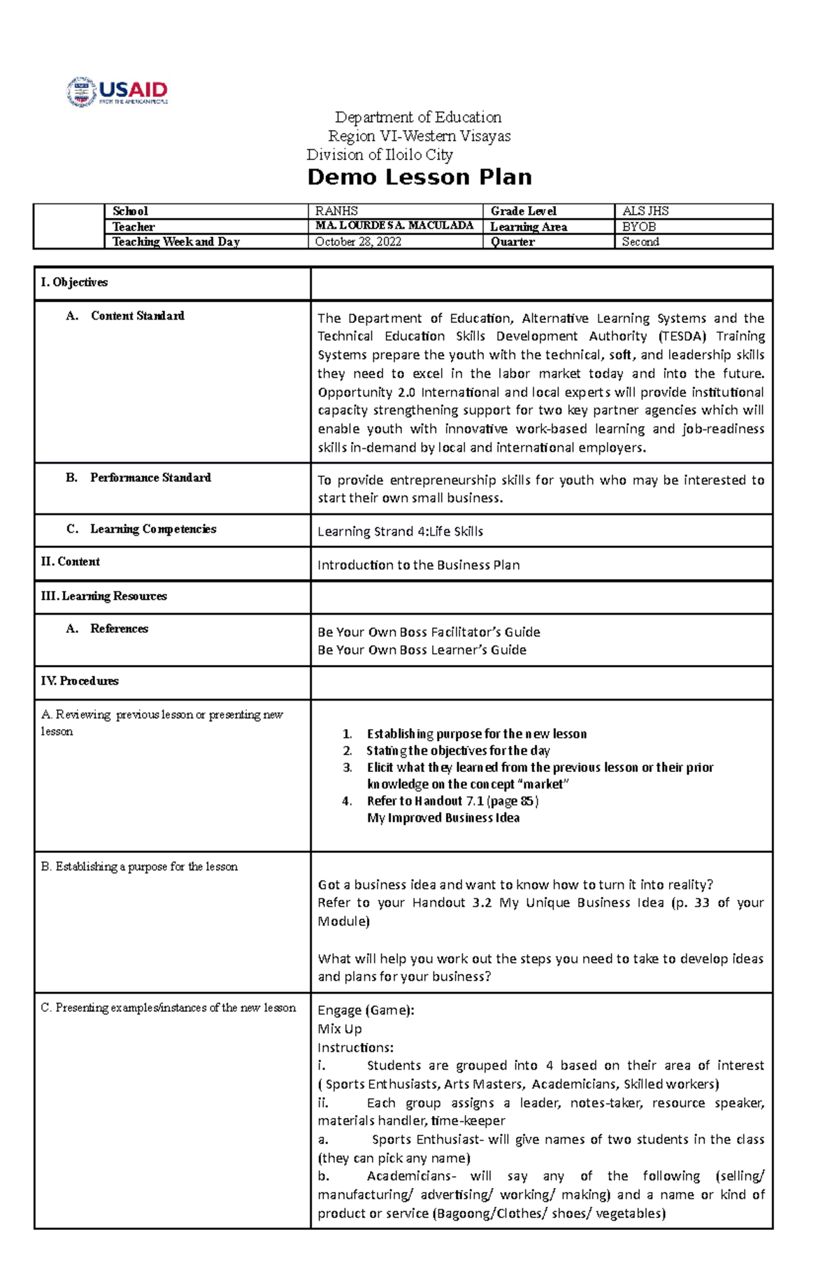 Demo Plan Maculada.docx 1 - Department of Education Region VI-Western ...