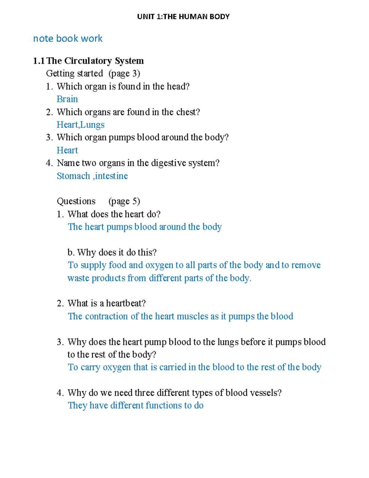 Science Work Human Body - UNIT 1:THE HUMAN BODY note book work 1 ...