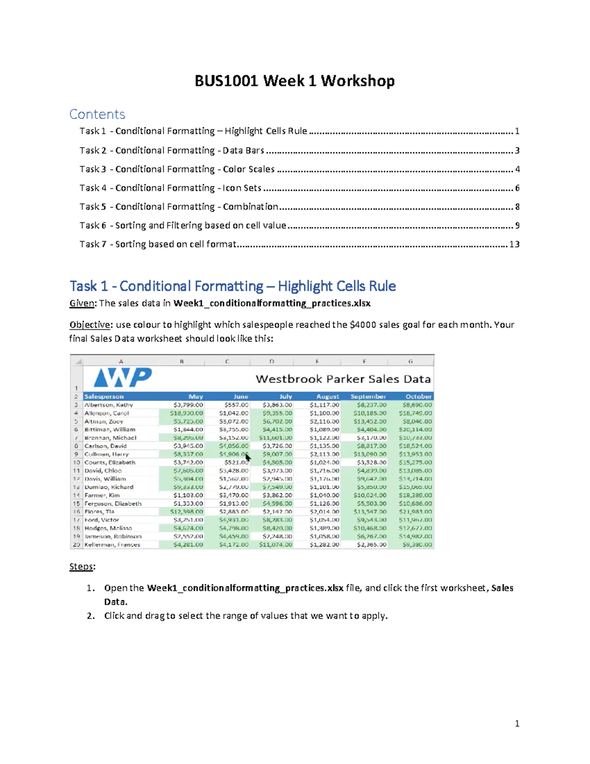 Data Analytics Week 1 - Step by step guide - BUS1001 Week 1 Workshop Contents Task 1 ...
