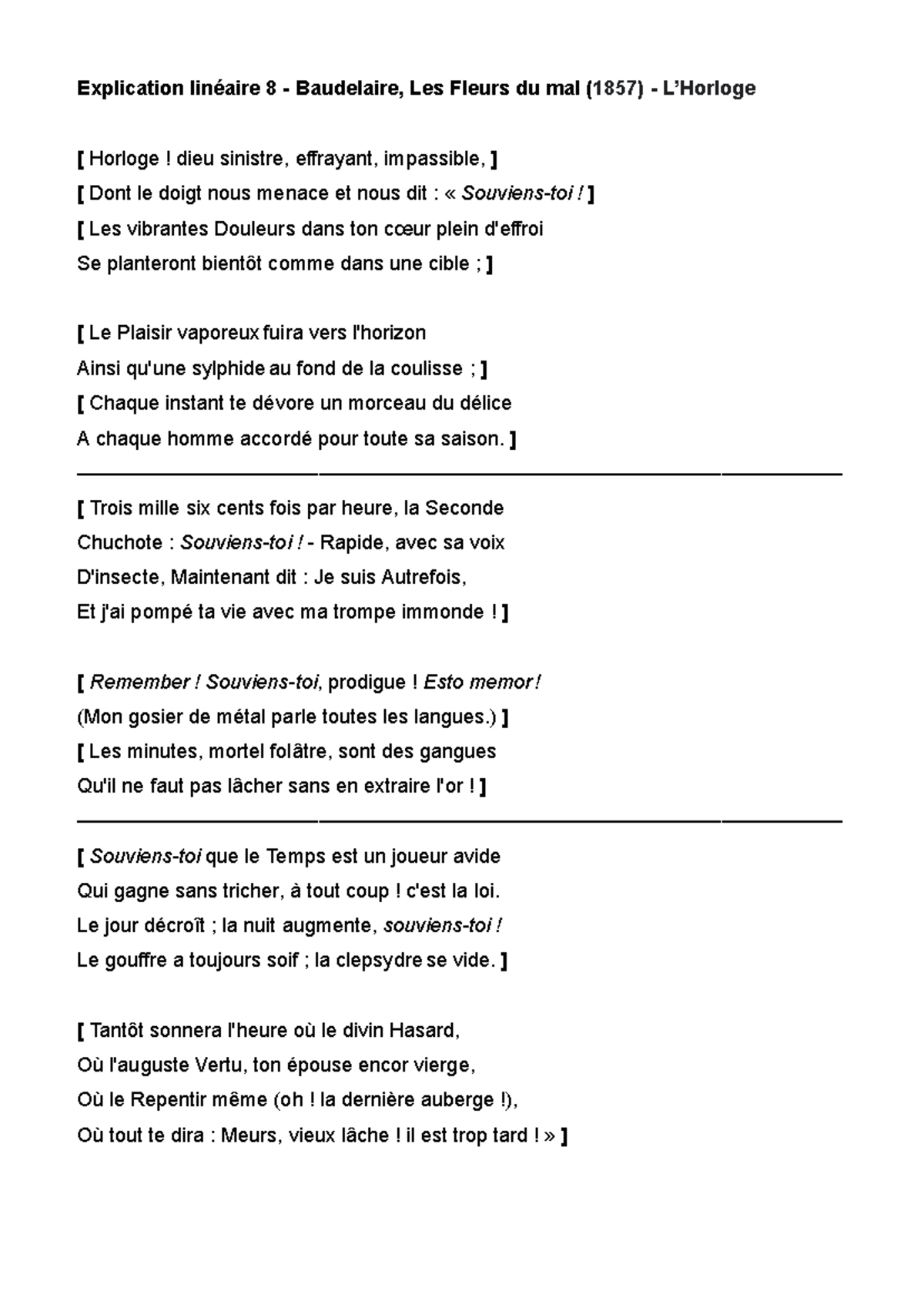 Explication linéaire - Oral - Baudelaire, Les Fleurs du mal (1857) - L ...