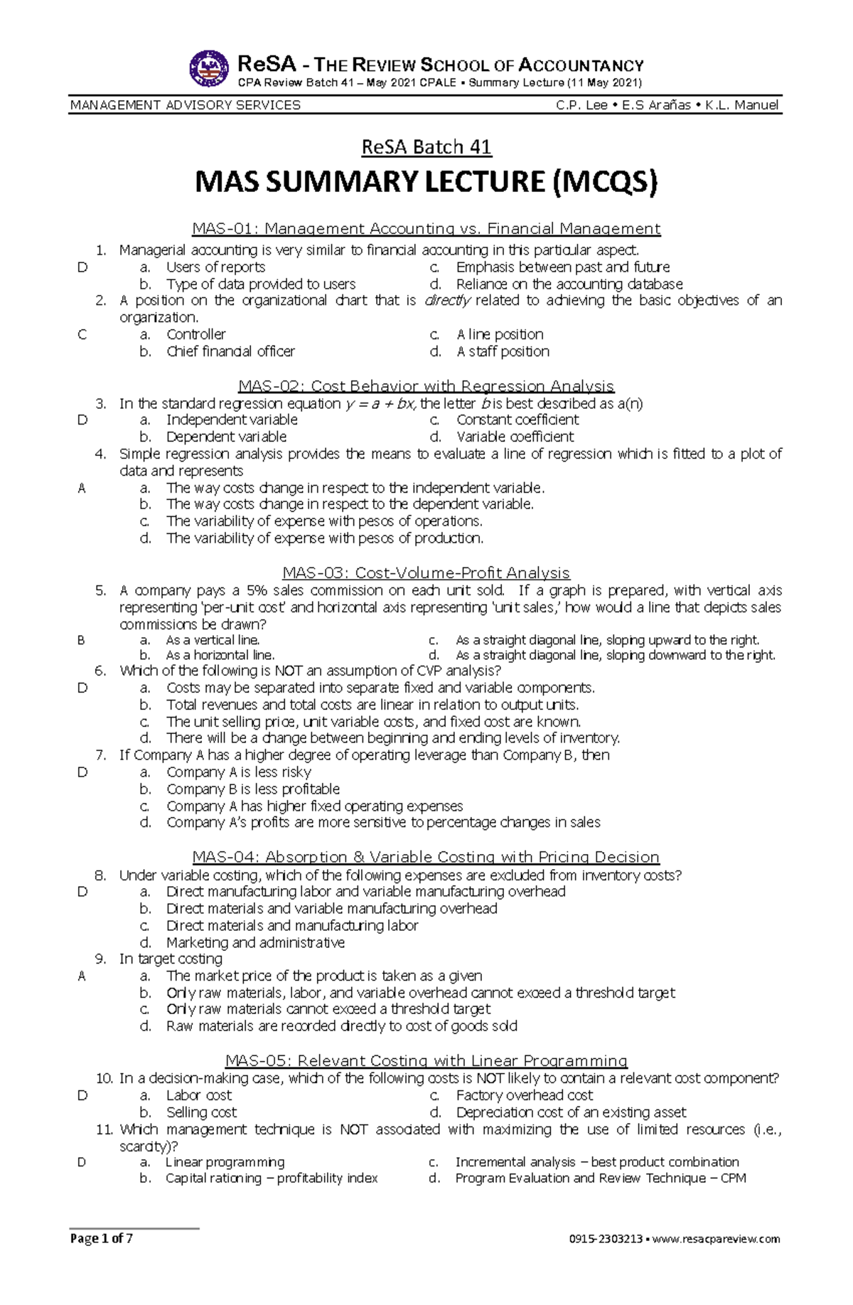 MAS Summary Lecture (11 May 2021) - ReSA - THE REVIEW SCHOOL OF ACCOUNTANCY CPA Review Batch 41 ...