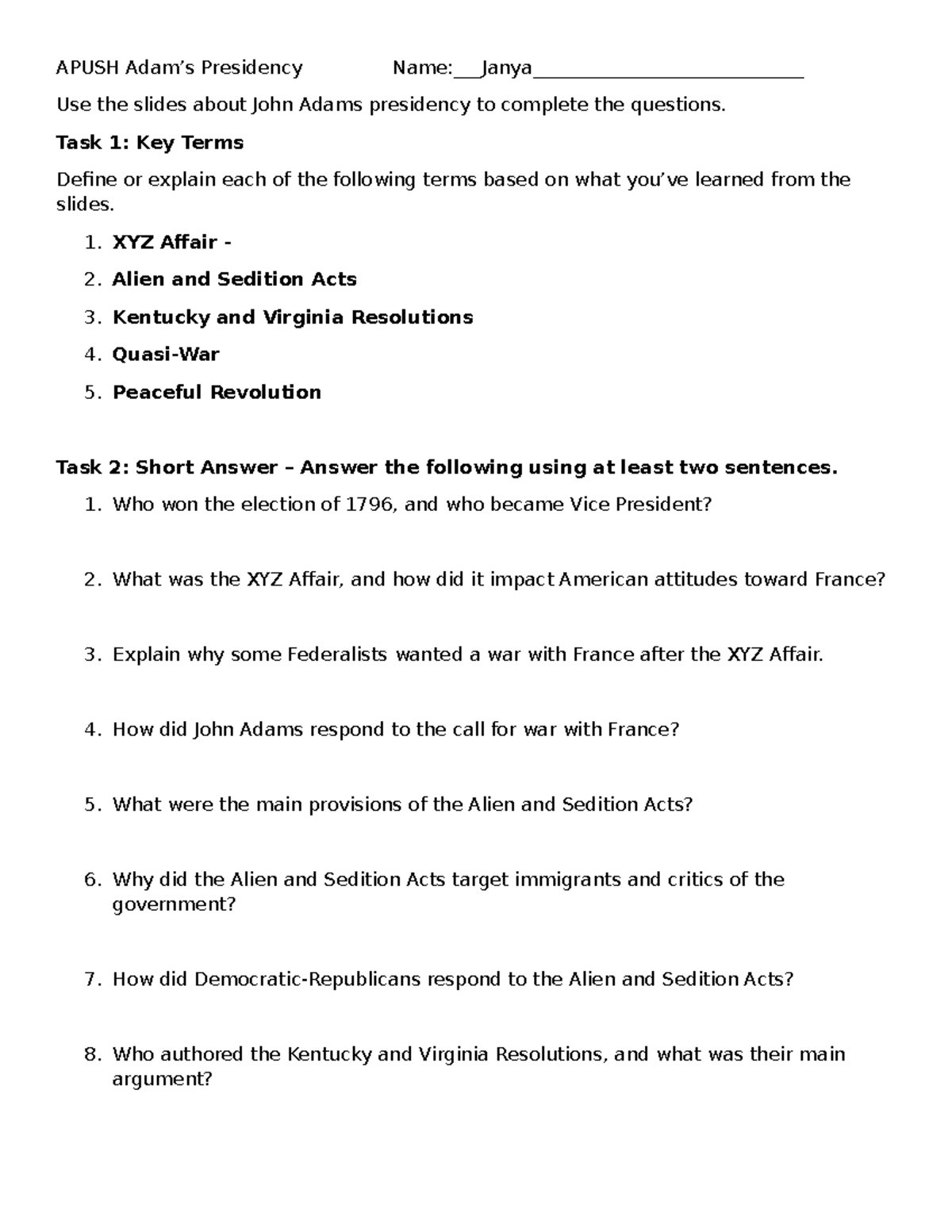 Questions - John Adams - very complex - APUSH Adam’s Presidency Name ...