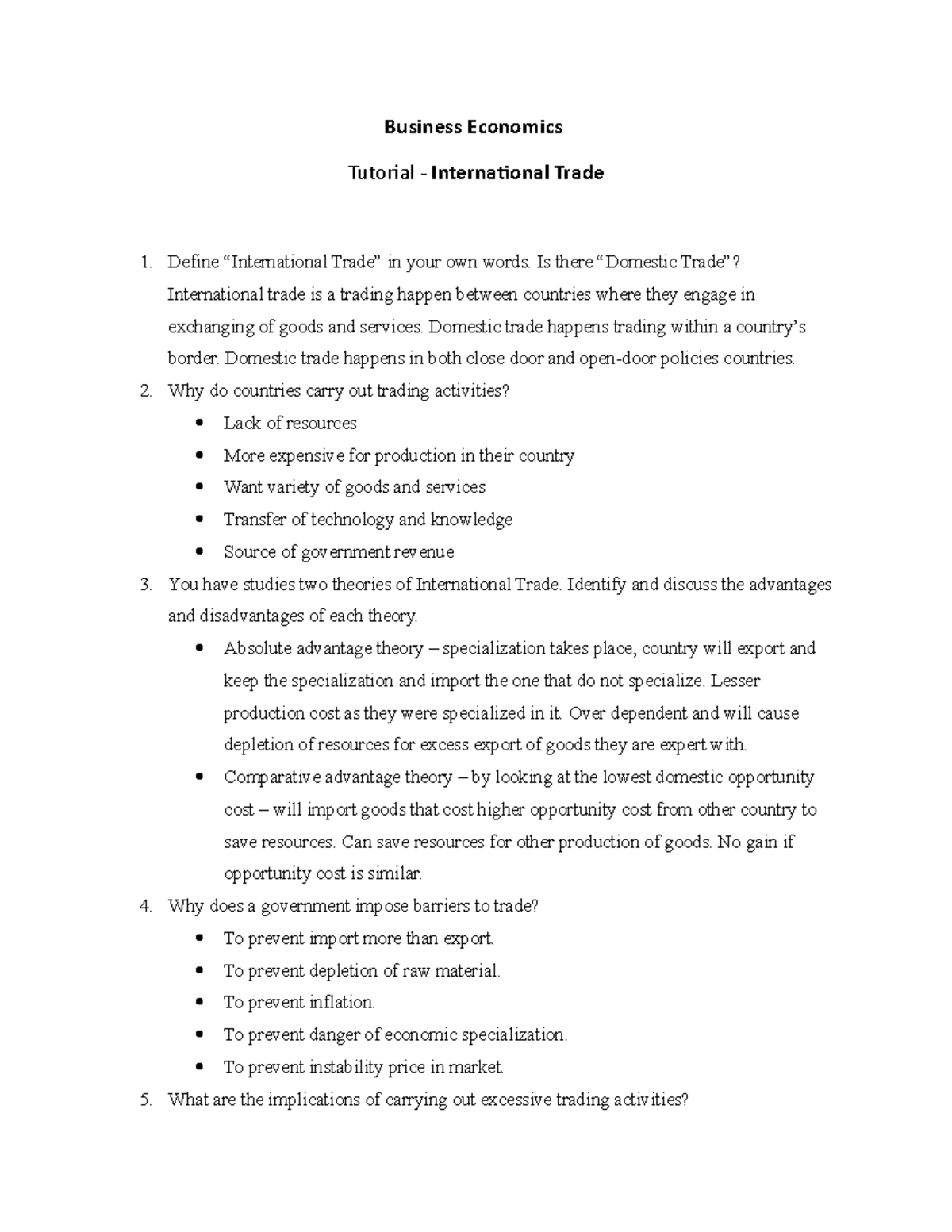 International Trade tutorial Becon - Business Economics Tutorial ...