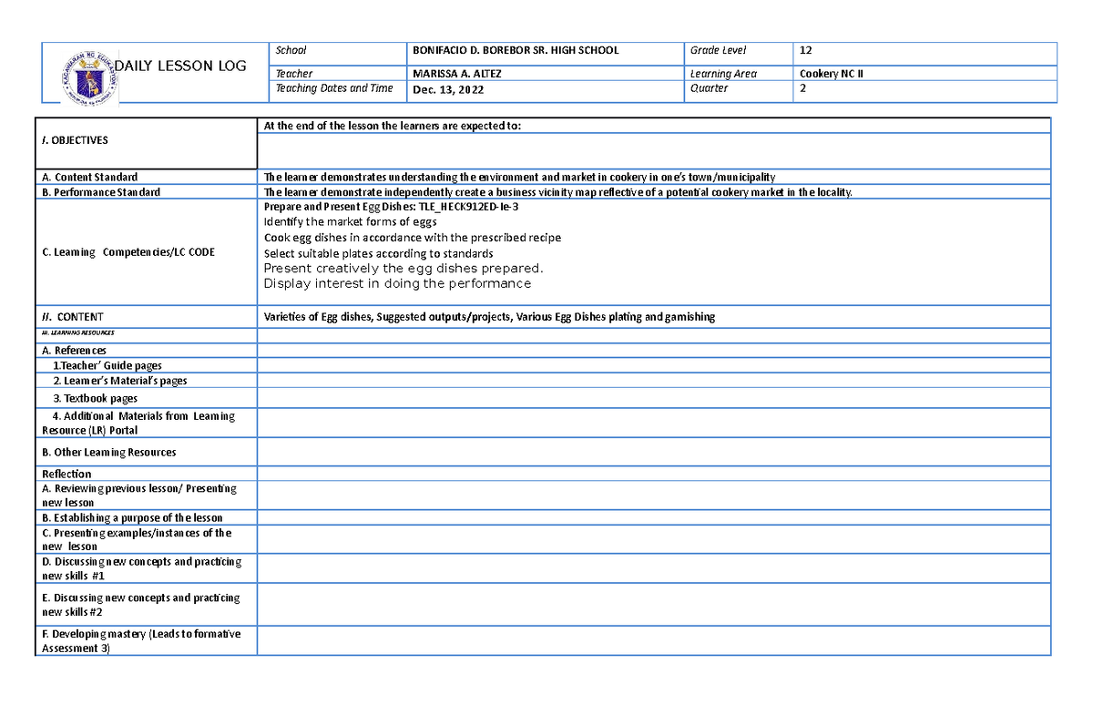 DLL-Form - as nhgd xcf - School BONIFACIO D. BOREBOR SR. HIGH SCHOOL ...