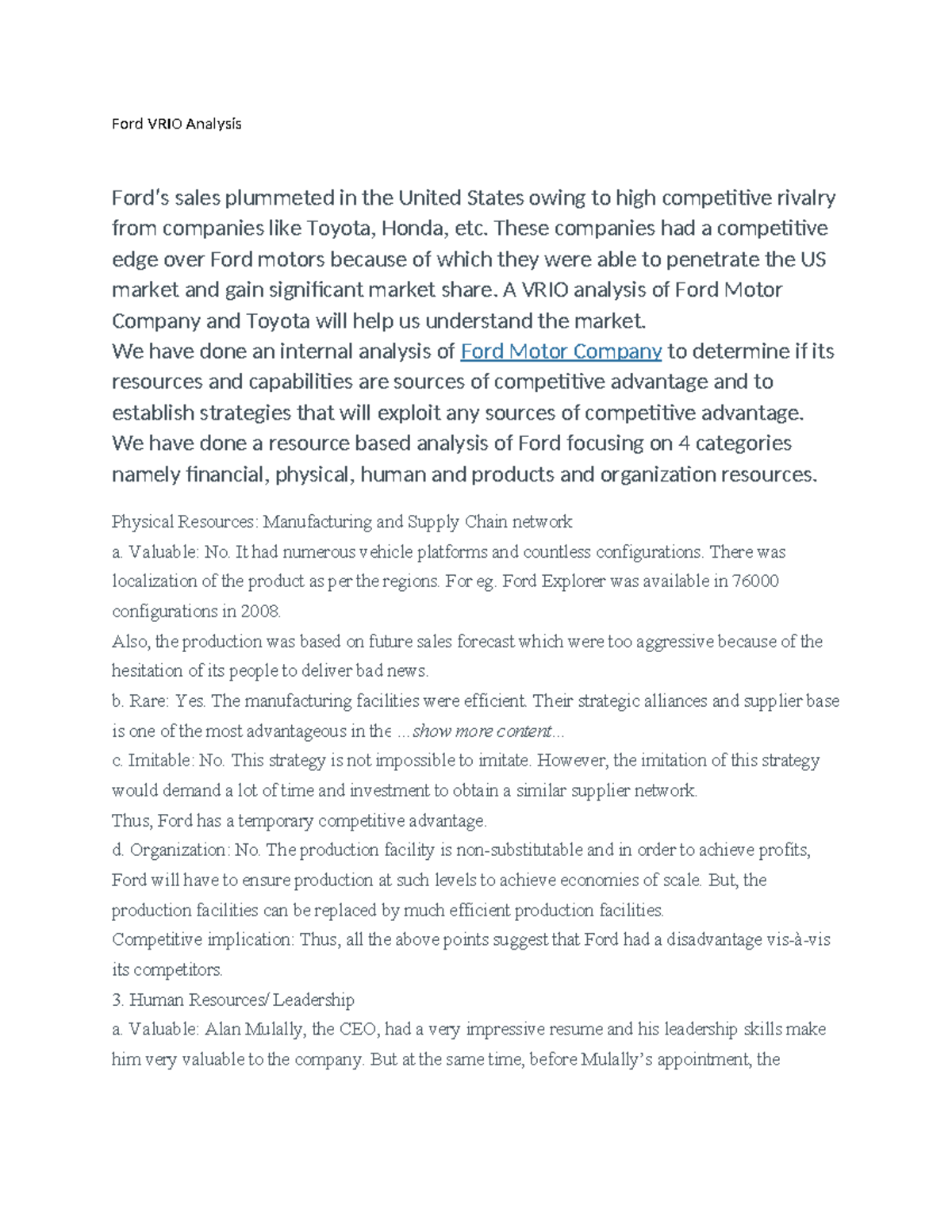 Ford VRIO Analysis - A case study - Ford VRIO Analysis Ford’s sales ...