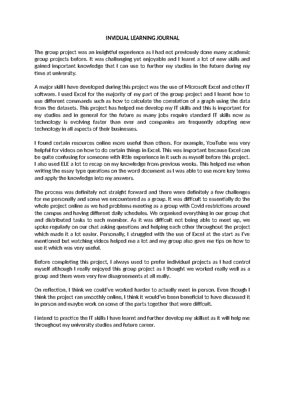 Invidual Learning Journal - INVIDUAL LEARNING JOURNAL The group project ...