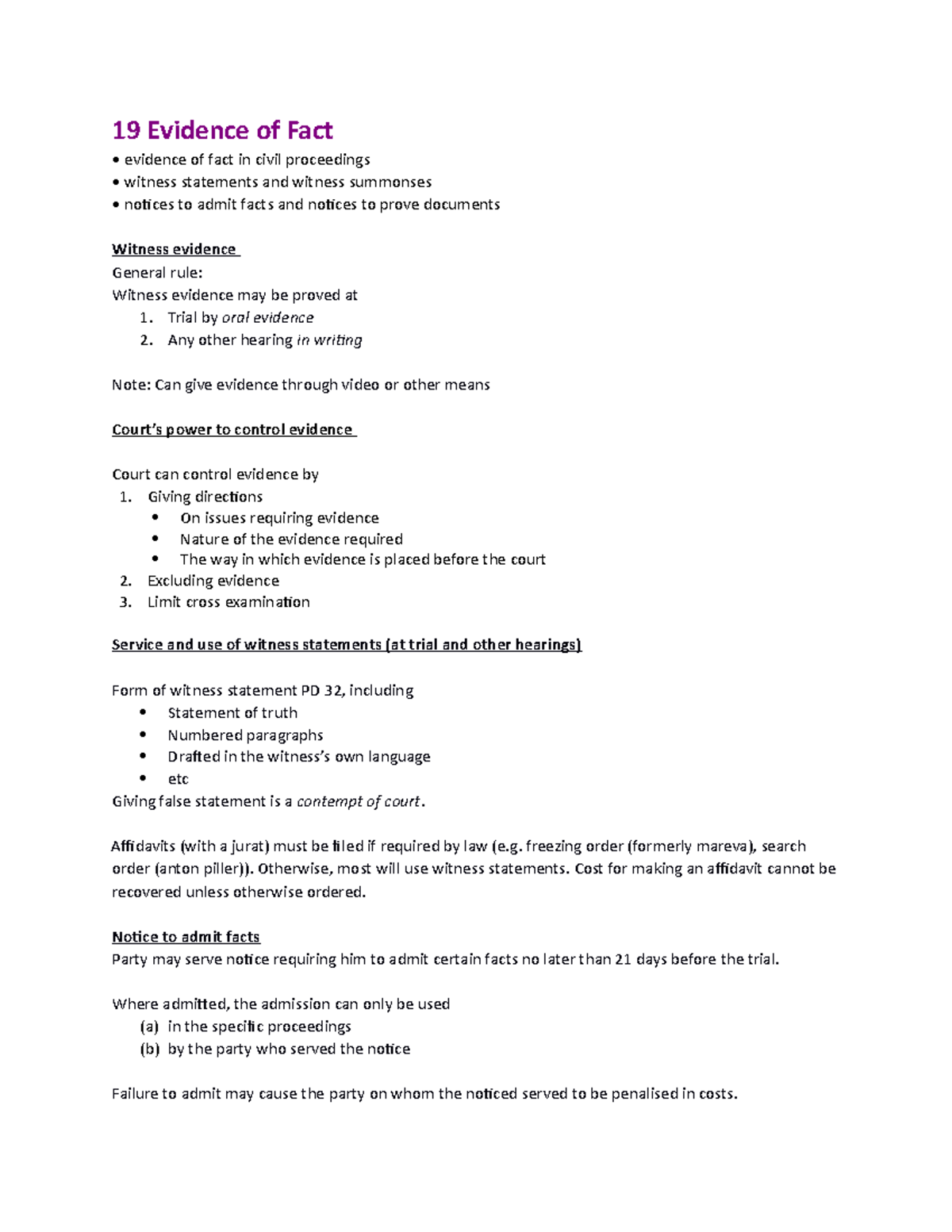 19 Evidence of Fact - Combination of lecture notes and personal notes ...