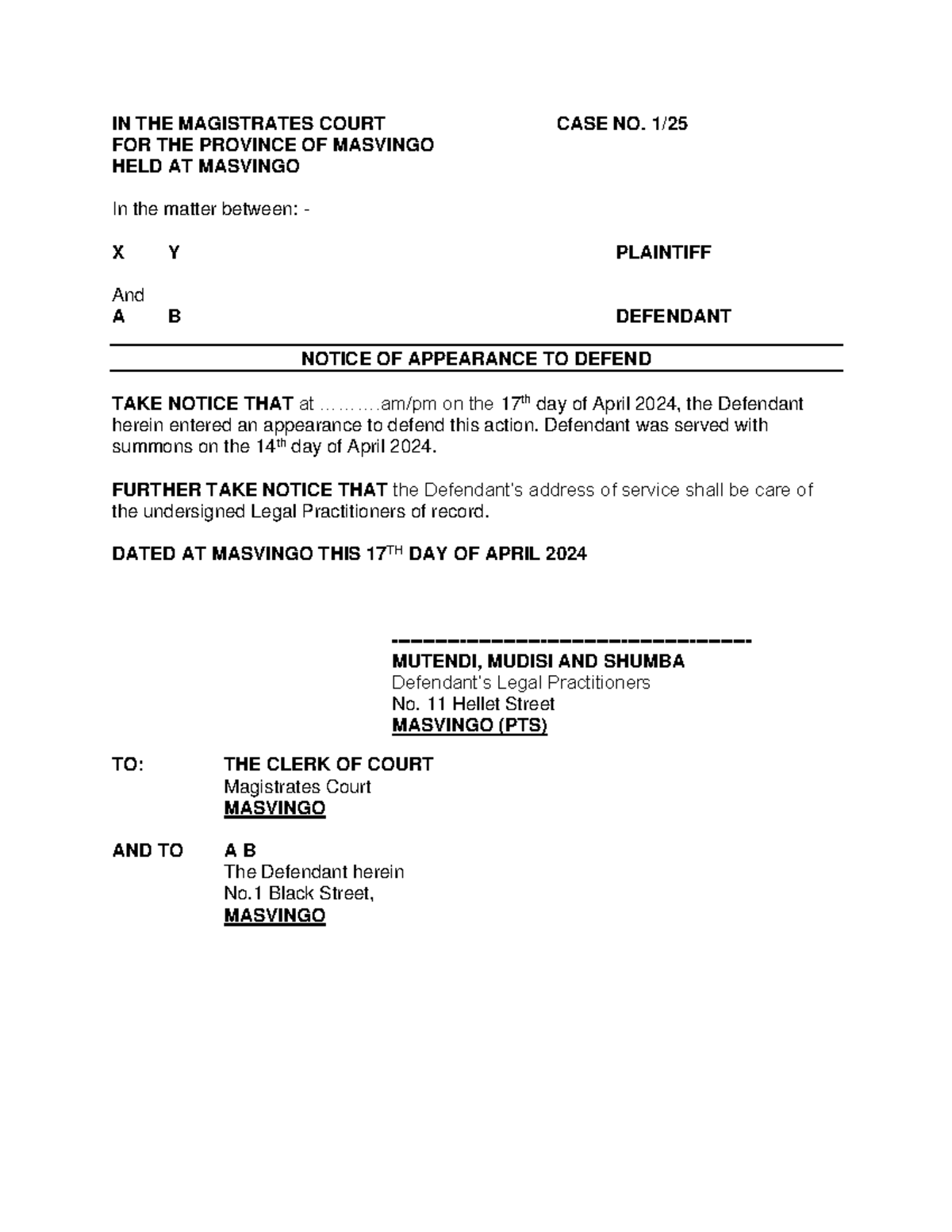 Notice of appearence to defend - IN THE MAGISTRATES COURT CASE NO. 1/2 ...
