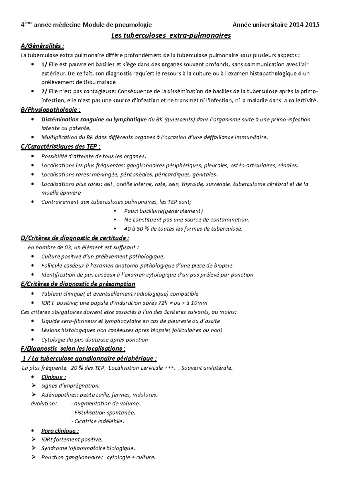 Pneumo 31-tbc extra pulmonaires - 4 ème année médecine-Module de pneumologie Année universitaire ...