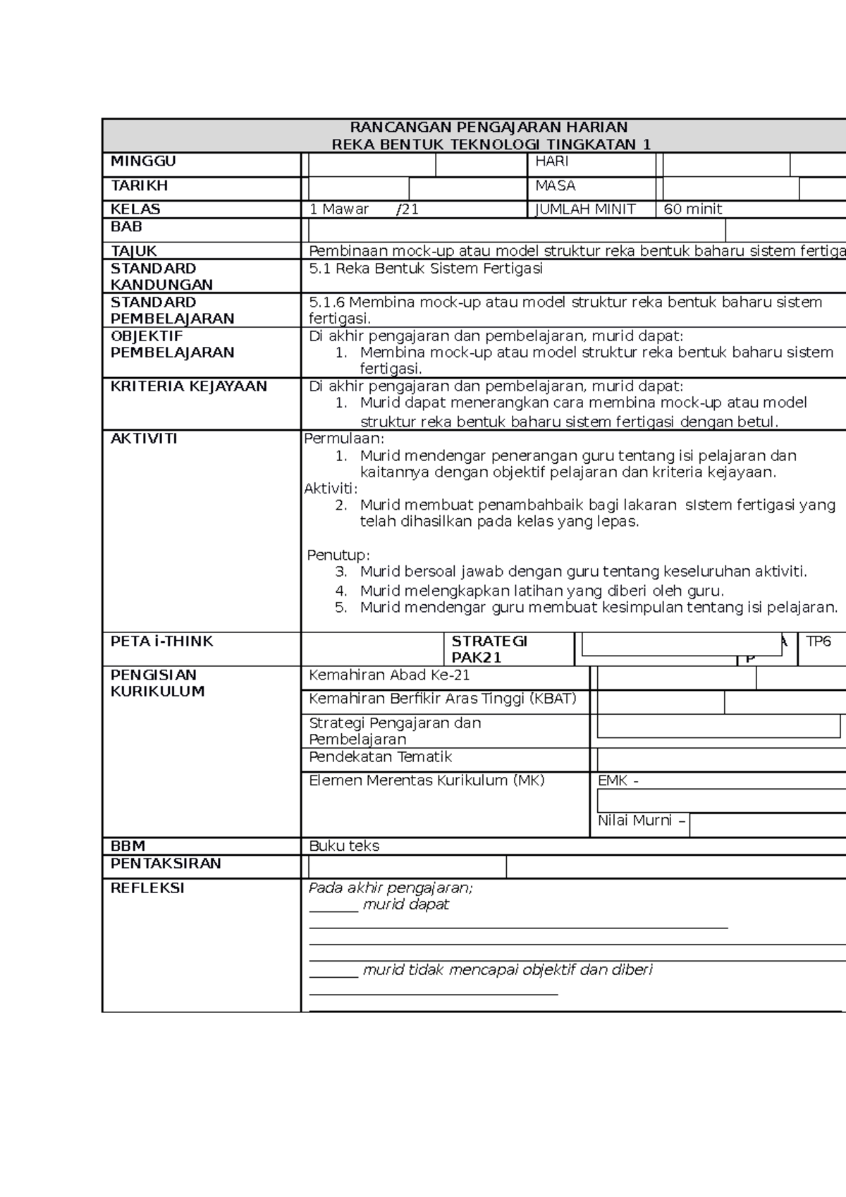 RPH RBT FORM1 40 Mawar - just my note - RANCANGAN PENGAJARAN HARIAN ...