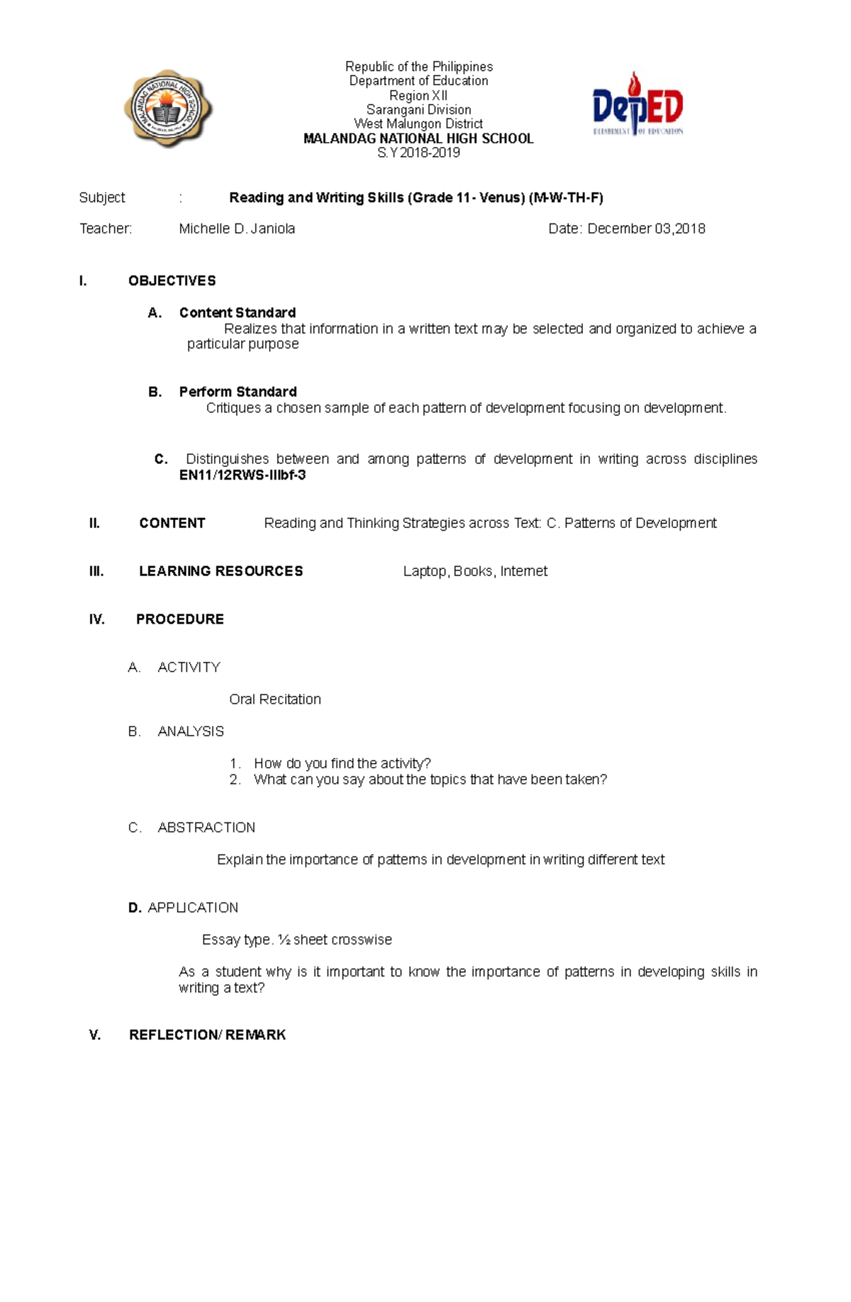 LESSON PLAN- READING AND WRITING DAY7 - Republic of the ...