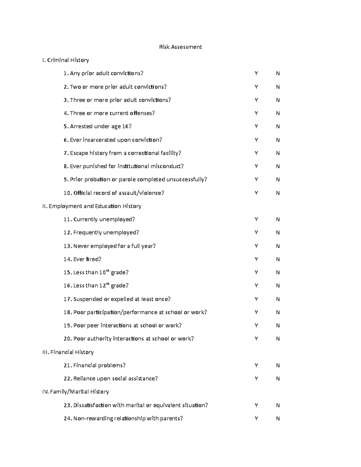 Risk Assessment - Criminal History 1. Any prior adult convictions? Y N ...