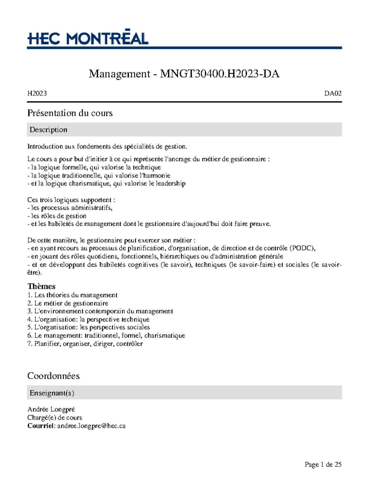 Plan cours management - H2023 DA Management - MNGT30400-DA Présentation ...