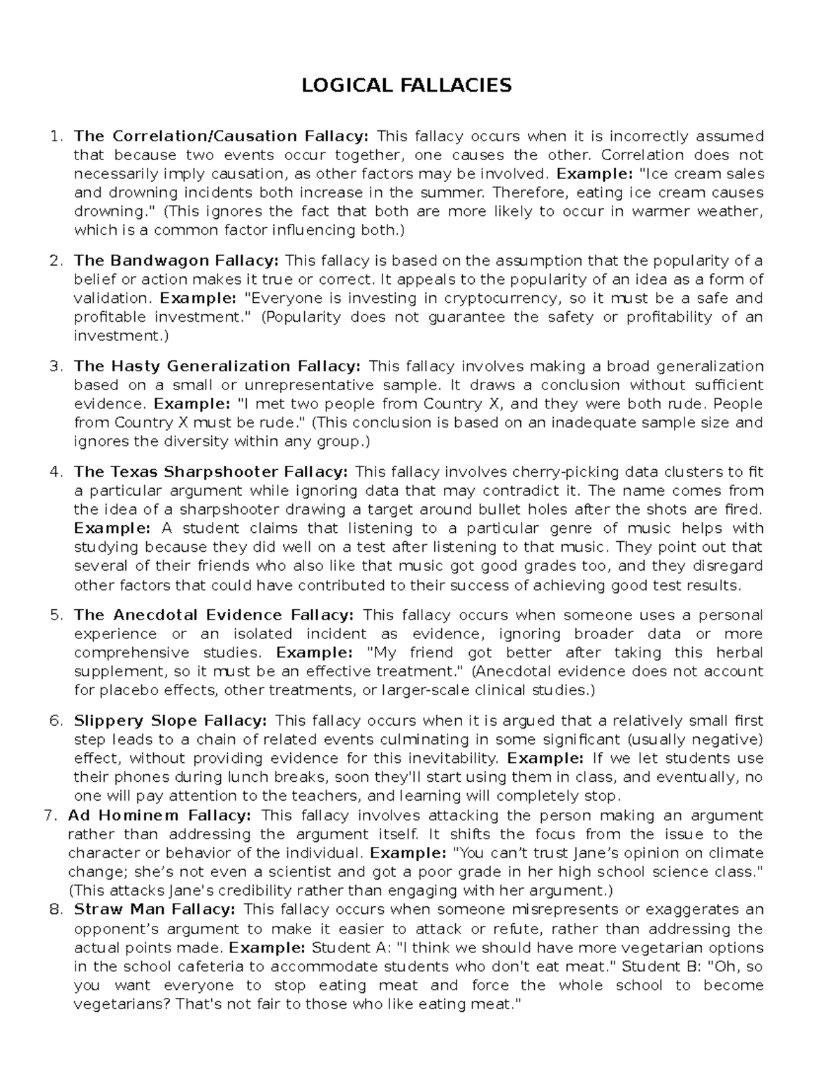 W2 Day 1 pair activity - lesson - LOGICAL FALLACIES The Correlation ...