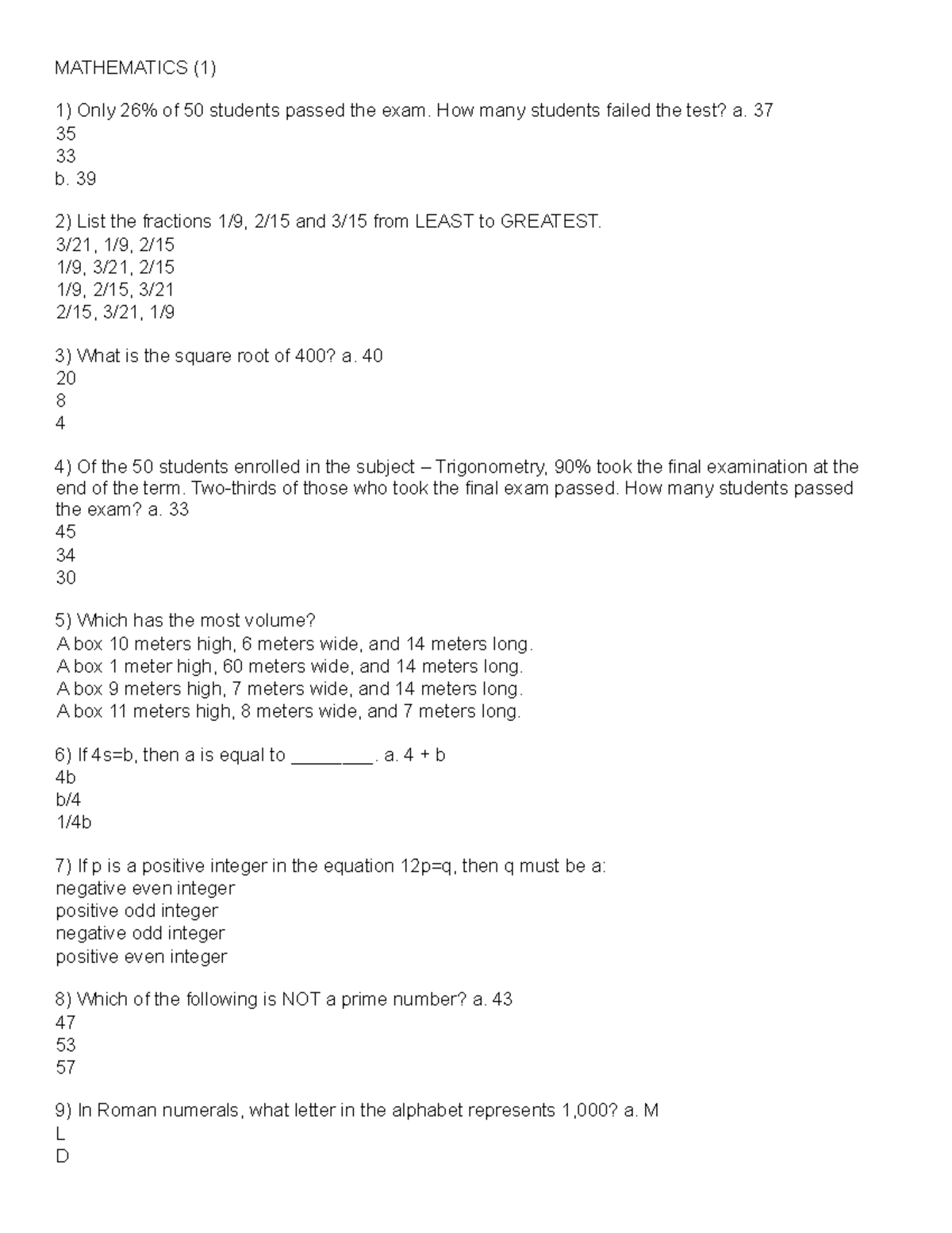 Mathematics 1 - MATHEMATICS (1) Only 26% of 50 students passed the exam ...