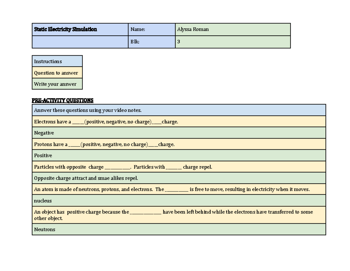Copy of Static Lab Part 1 - Static Electricity Simulation Name: Alyssa ...