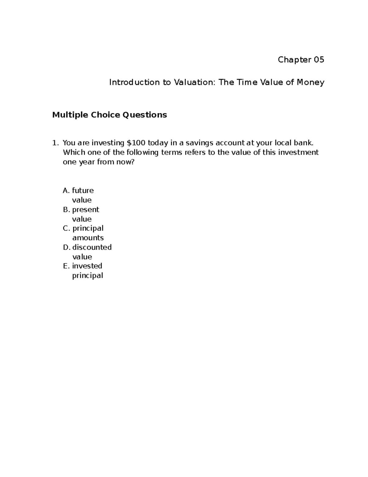 Chap005 trắc nghiệm_ Tài chính doanh nghiệp 1 - Chapter 05 Introduction ...
