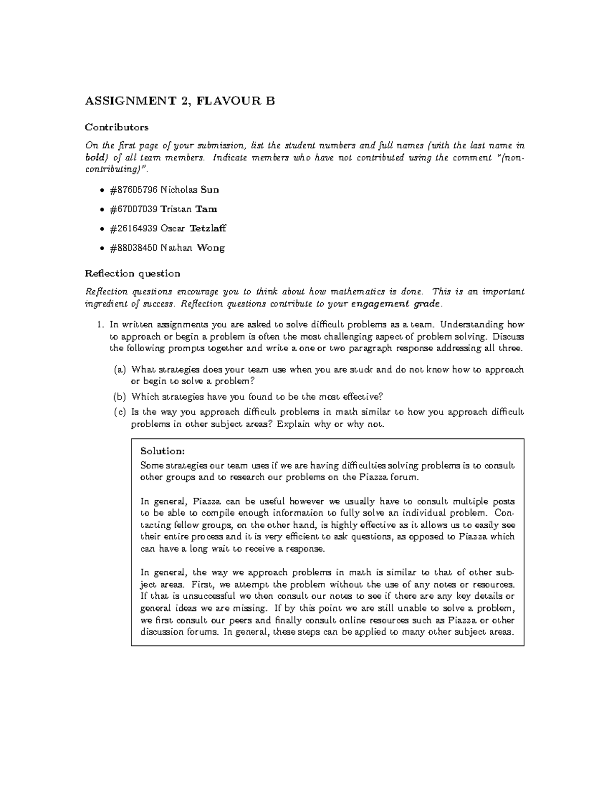 Math 101 Assignment 2 - ASSIGNMENT 2, FLAVOUR B Contributors On the first page of your ...