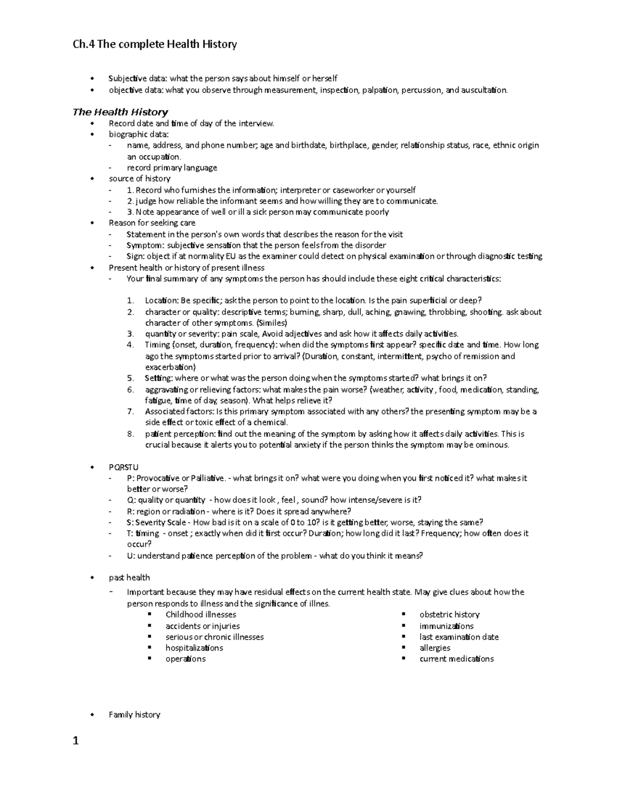 Ch.4 The Complete Health History - Subjective data: what the person ...