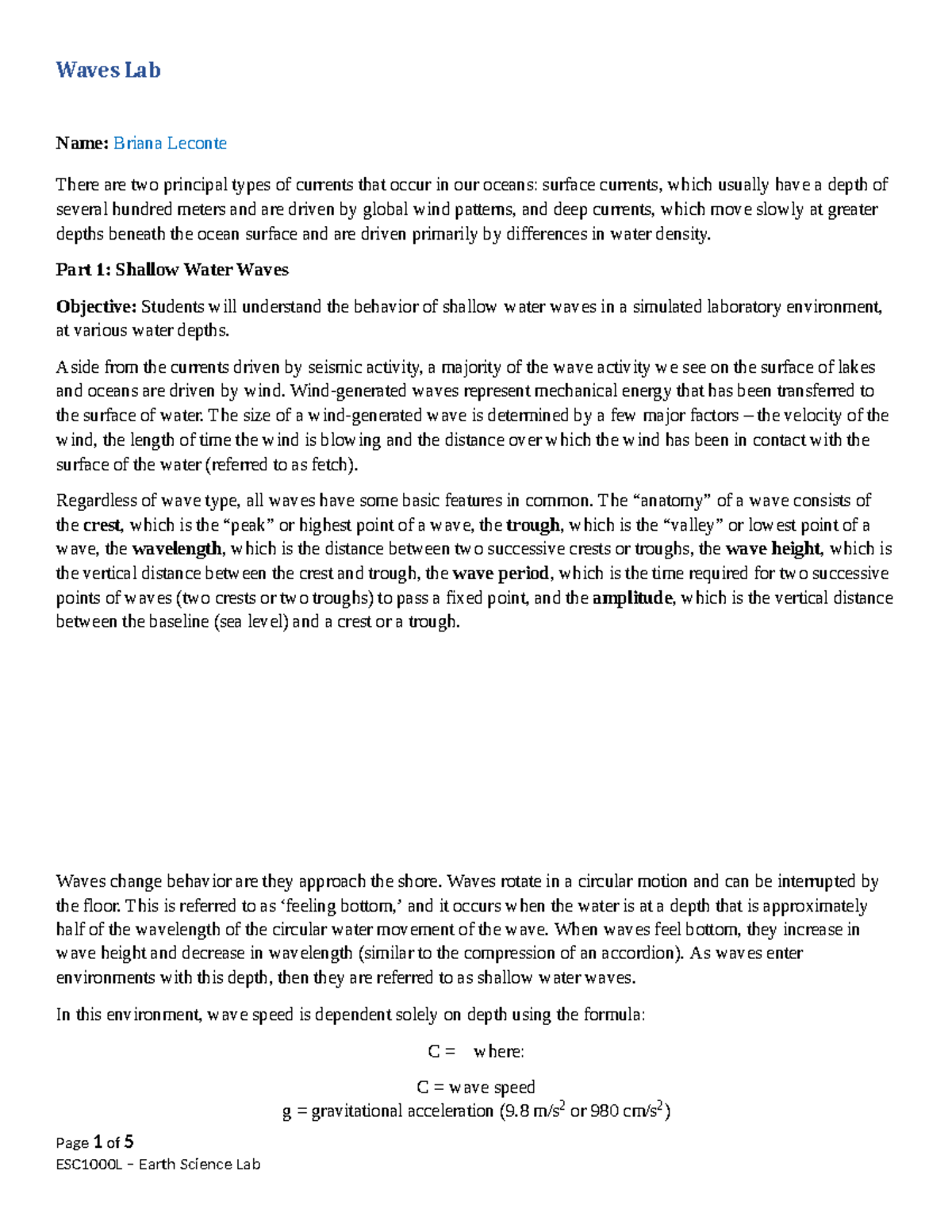 6. Waves Lab.docx - earth science lab assignment - Name: Briana Leconte ...
