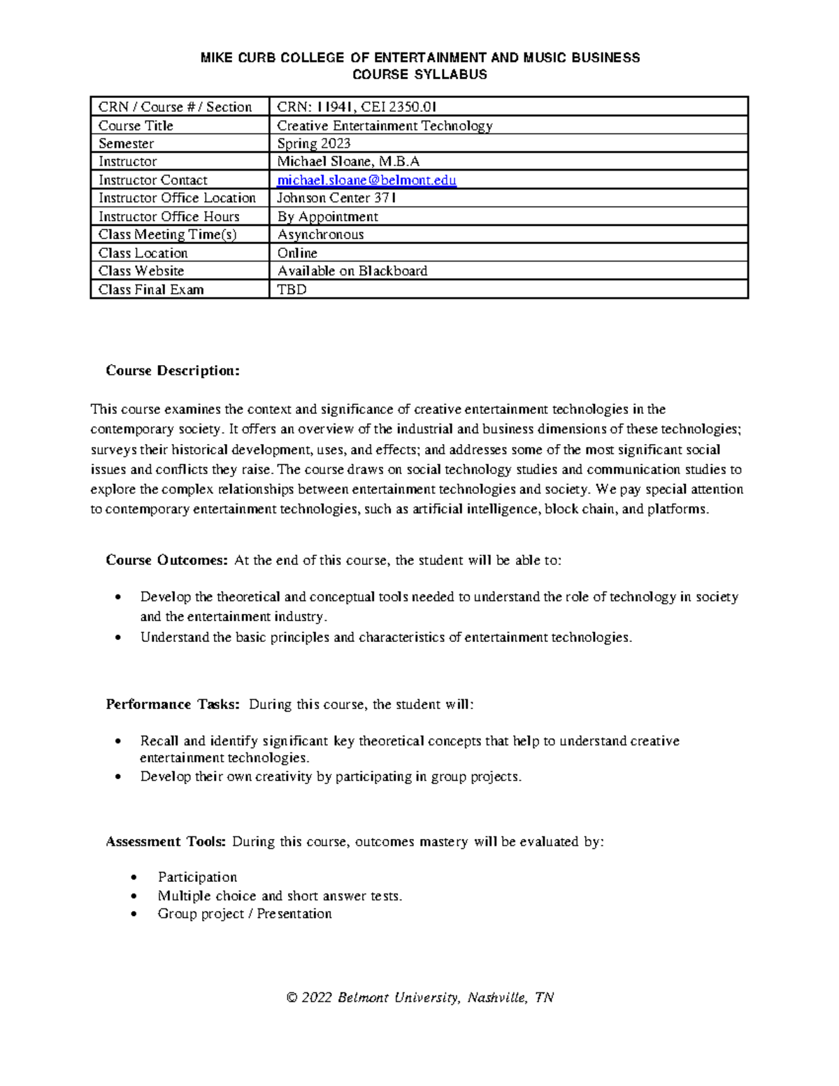 CEI 2350 Syllabus - COURSE SYLLABUS CRN / Course # / Section CRN: 11941 ...
