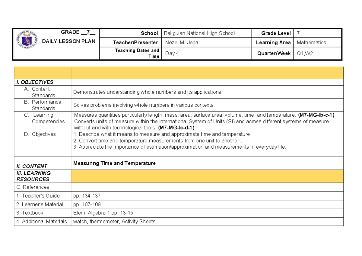 ZN DLP- Math 7 Q1 huweek 2 LC 3 Day 4 - GRADE 7 DAILY LESSON PLAN ...