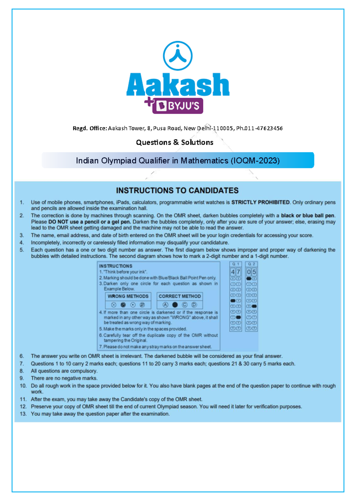 IOQM 2023-question-paper-with-soluitons - Regd. Office: Aakash Tower, 8, Pusa Road, New - Studocu