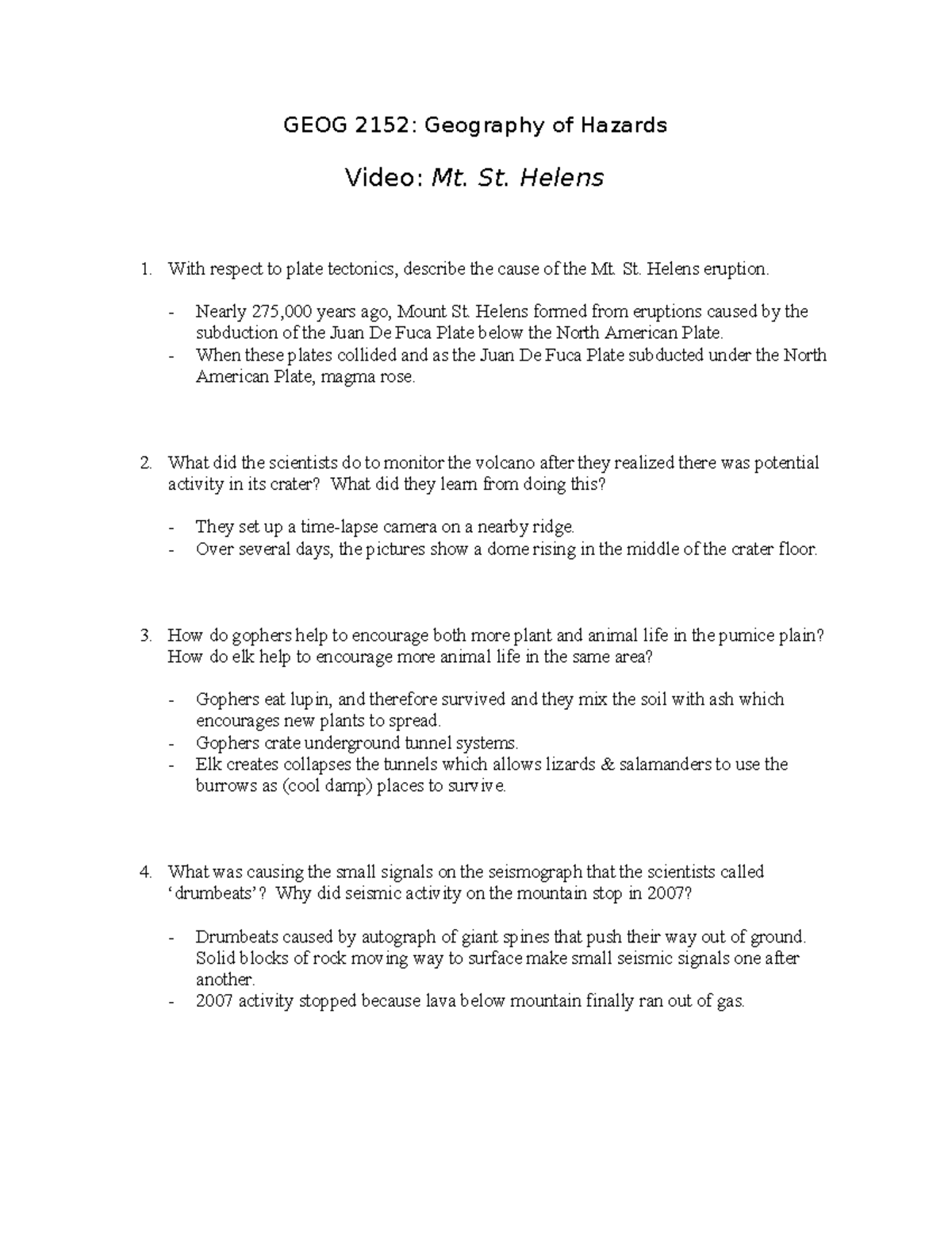 Video Questions - Mt St Helens - GEOG 2152: Geography of Hazards Video ...