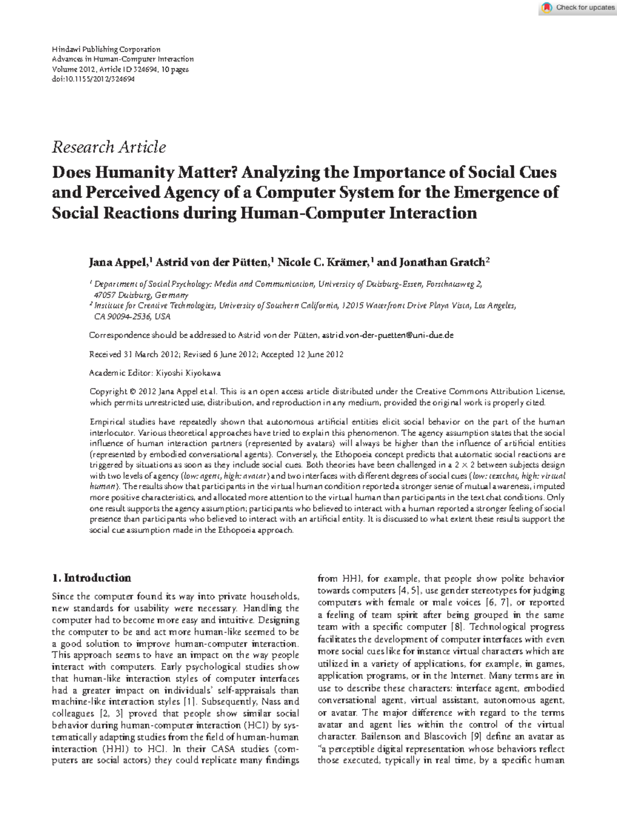 Advances in Human-Computer Interaction - 2012 - Appel - Does Humanity ...