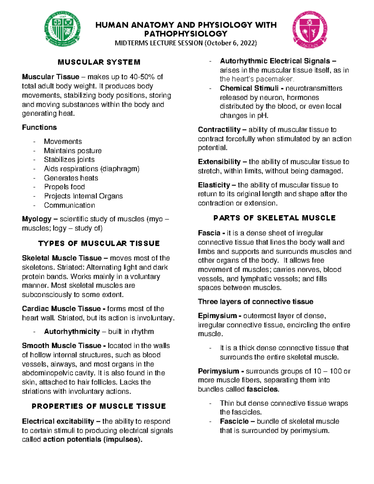 Muscular System - PATHOPHYSIOLOGY MIDTERMS LECTURE SESSION (October 6 ...