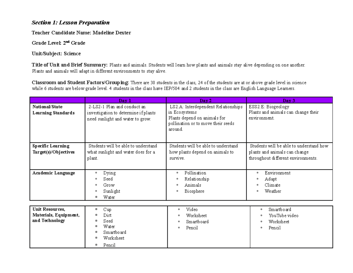 3-day lesson plan ELM-361 - Section 1: Lesson Preparation Teacher ...