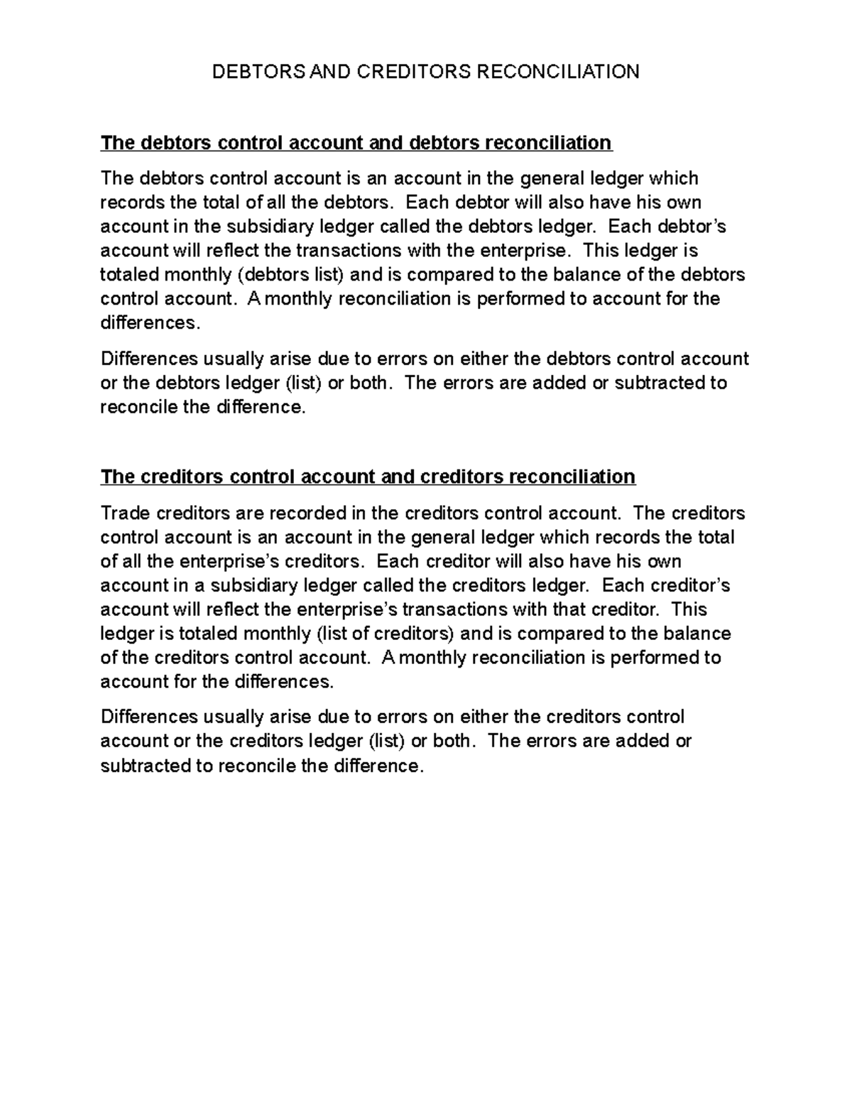 1 Introduction to debtors and creditors reconciliation - DEBTORS AND ...