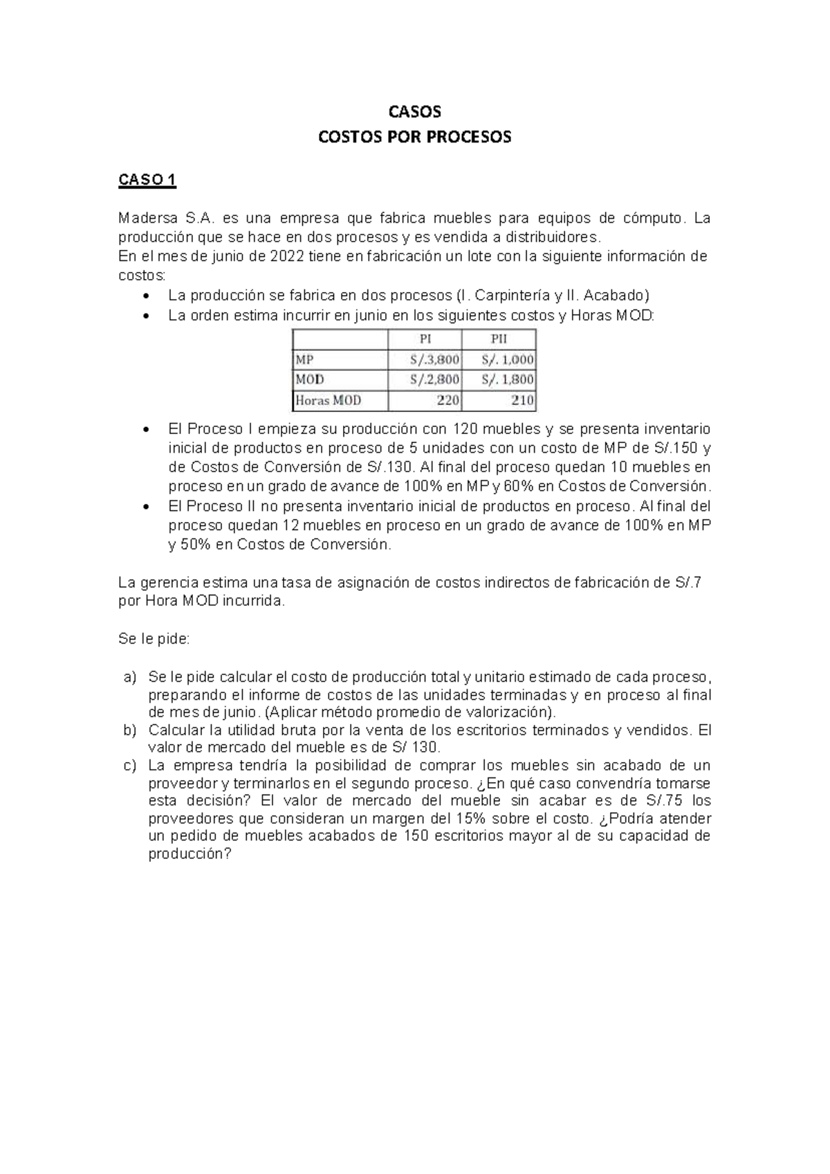 0001 Casos Costos Procesos - CASOS COSTOS POR PROCESOS CASO 1 Madersa S ...