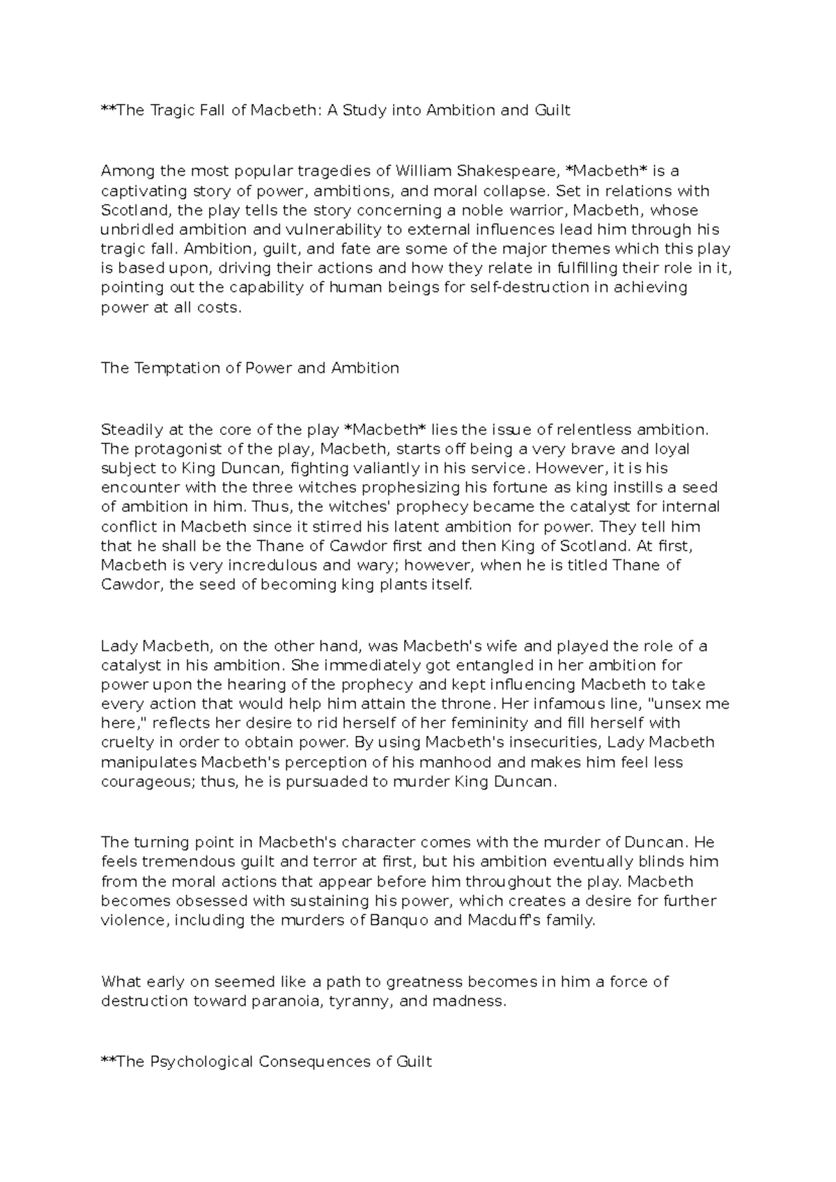 Macbeth essay - **The Tragic Fall of Macbeth: A Study into Ambition and ...