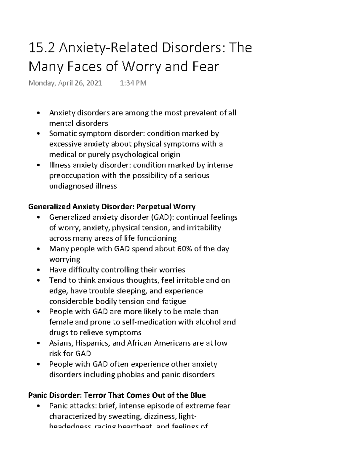 15.2 Anxiety-Related Disorders The Many Faces of Worry and Fear ...