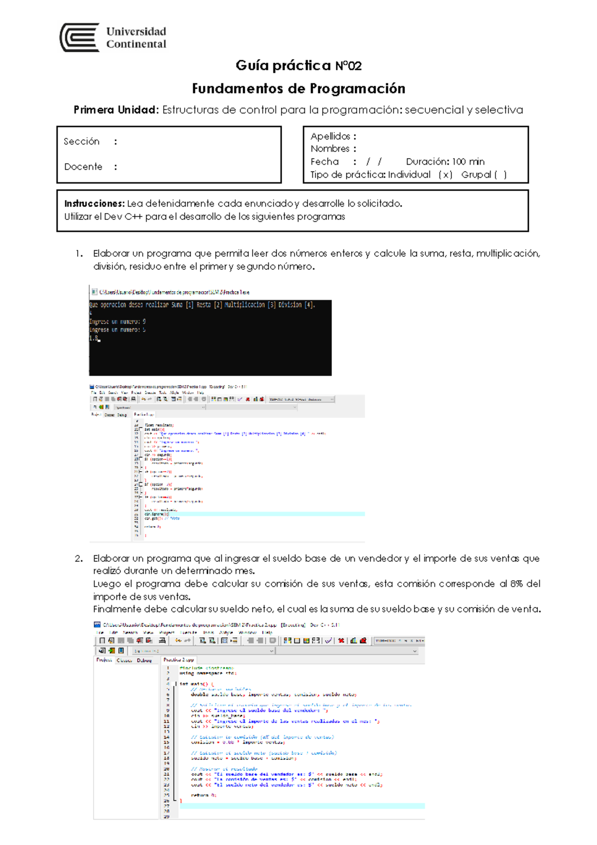 Semana 02 Guia de Practica 02 - GuÌa pr·ctica N∞ Fundamentos de ProgramaciÛn Primera Unidad ...