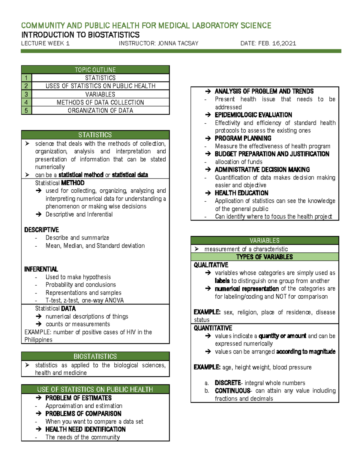 PRE W2 Intro TO Biostats LEC - INTRODUCTION TO BIOSTATISTICS LECTURE ...