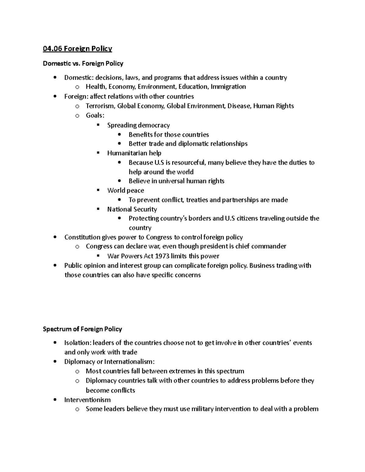 US GOV UNIT 4 - unit 4.6 - 04 Foreign Policy Domestic vs. Foreign ...