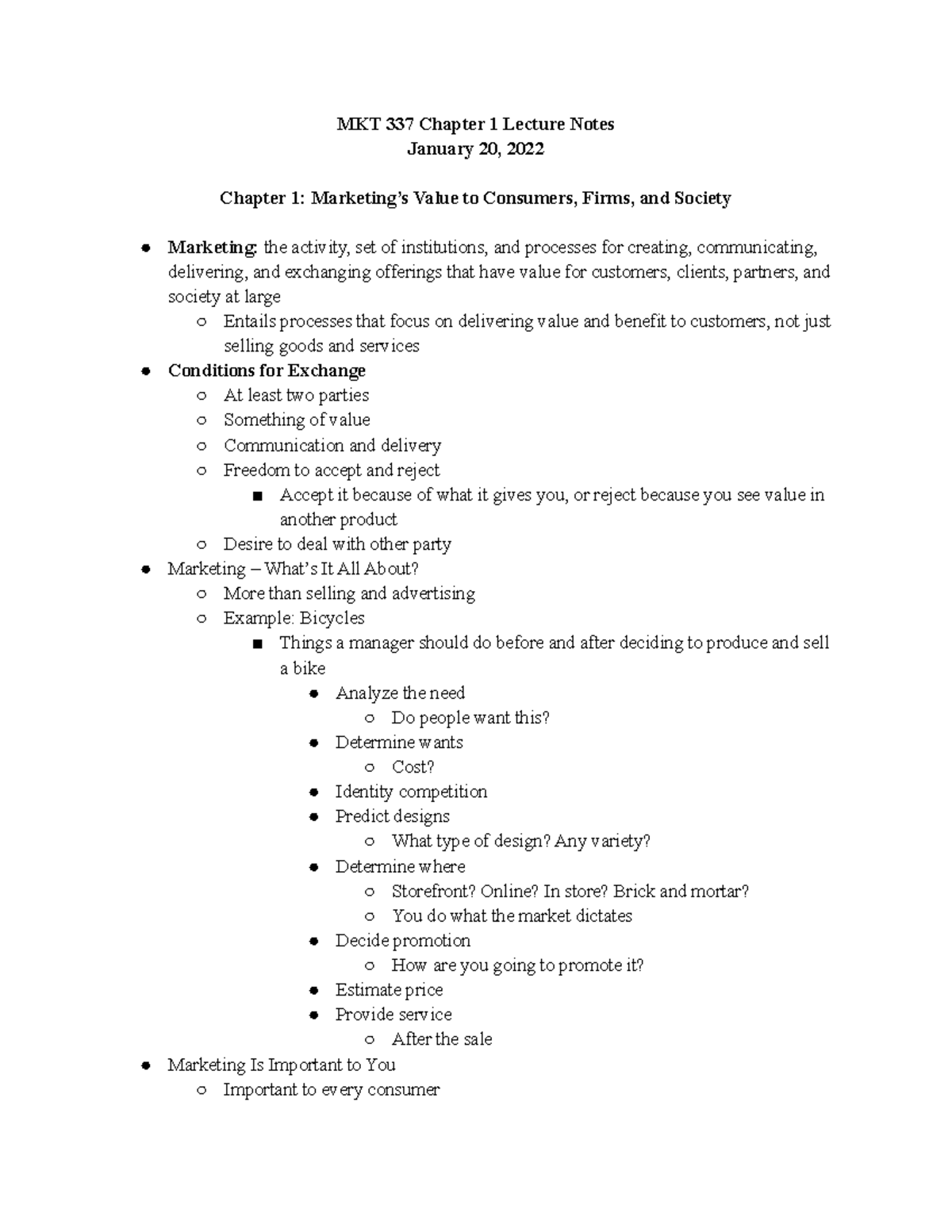 Chapter 1 Lecture Notes - MKT 337 Chapter 1 Lecture Notes January 20 ...