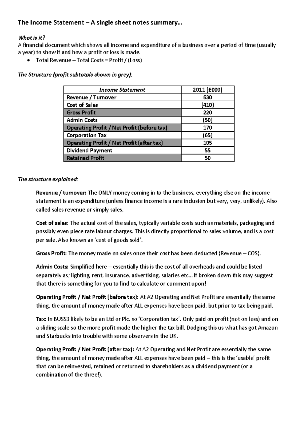 Income Statement in a Nutshell - The Income Statement – A single sheet ...