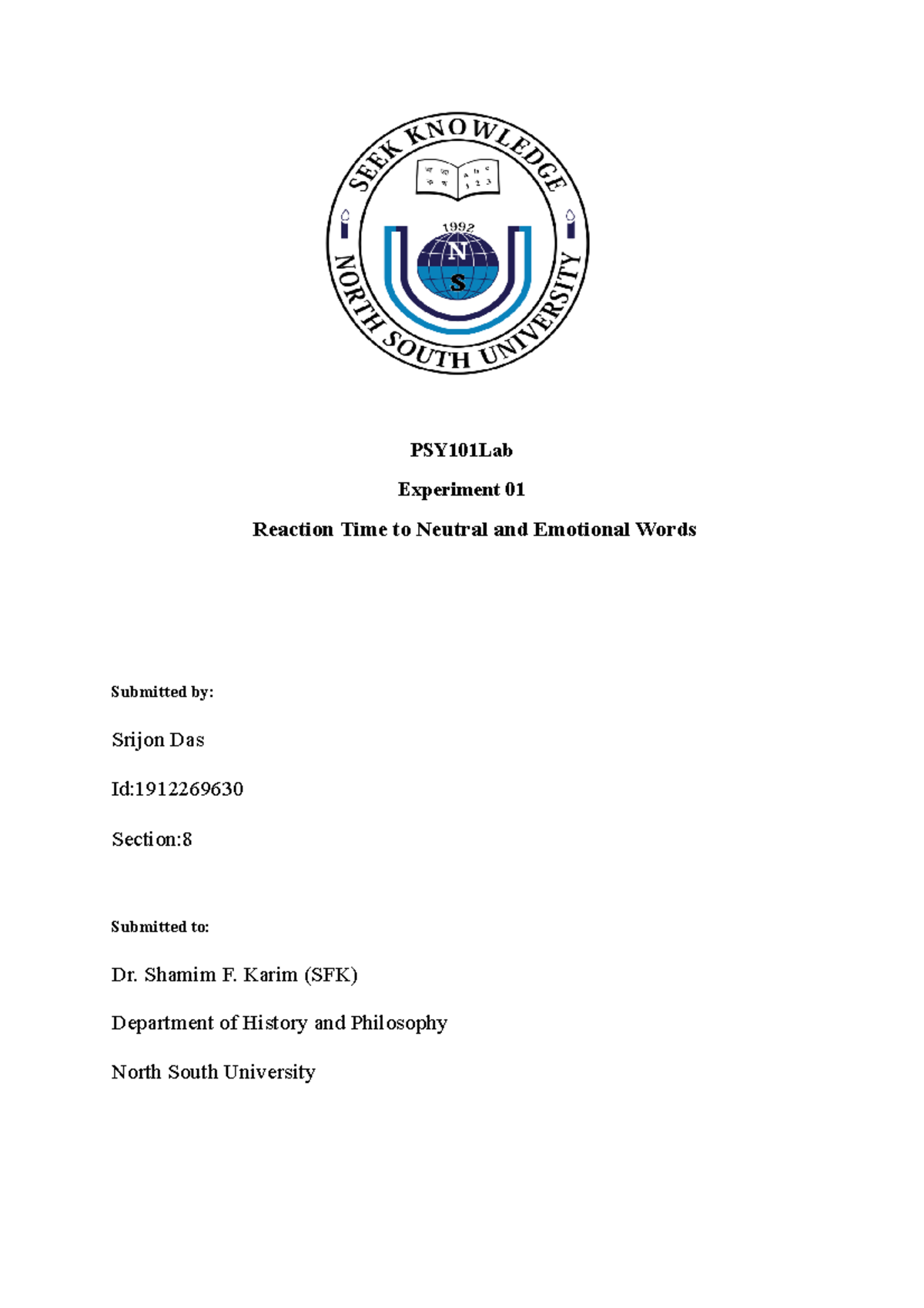 Sample-report-01 - PSY 101L Report 1 - PSY101Lab Experiment 01 Reaction ...