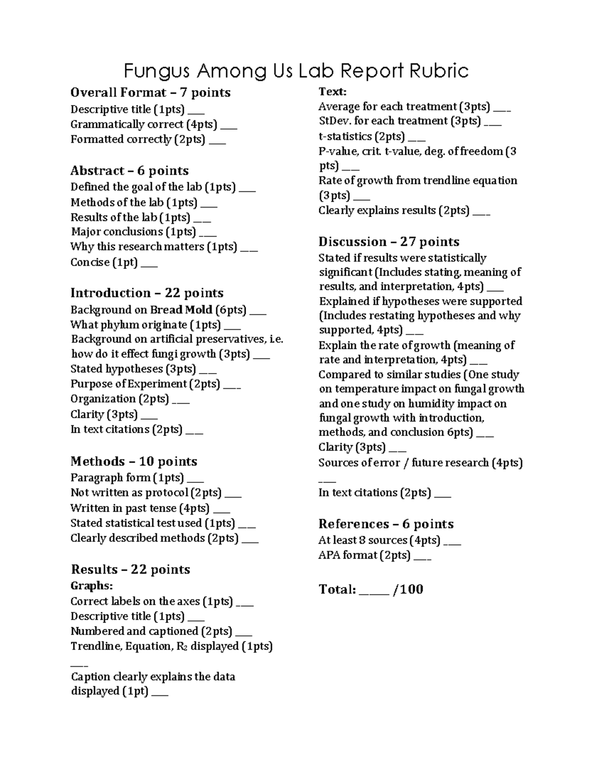 Bread Mold Rubric - work - Fungus Among Us Lab Report Rubric Overall ...