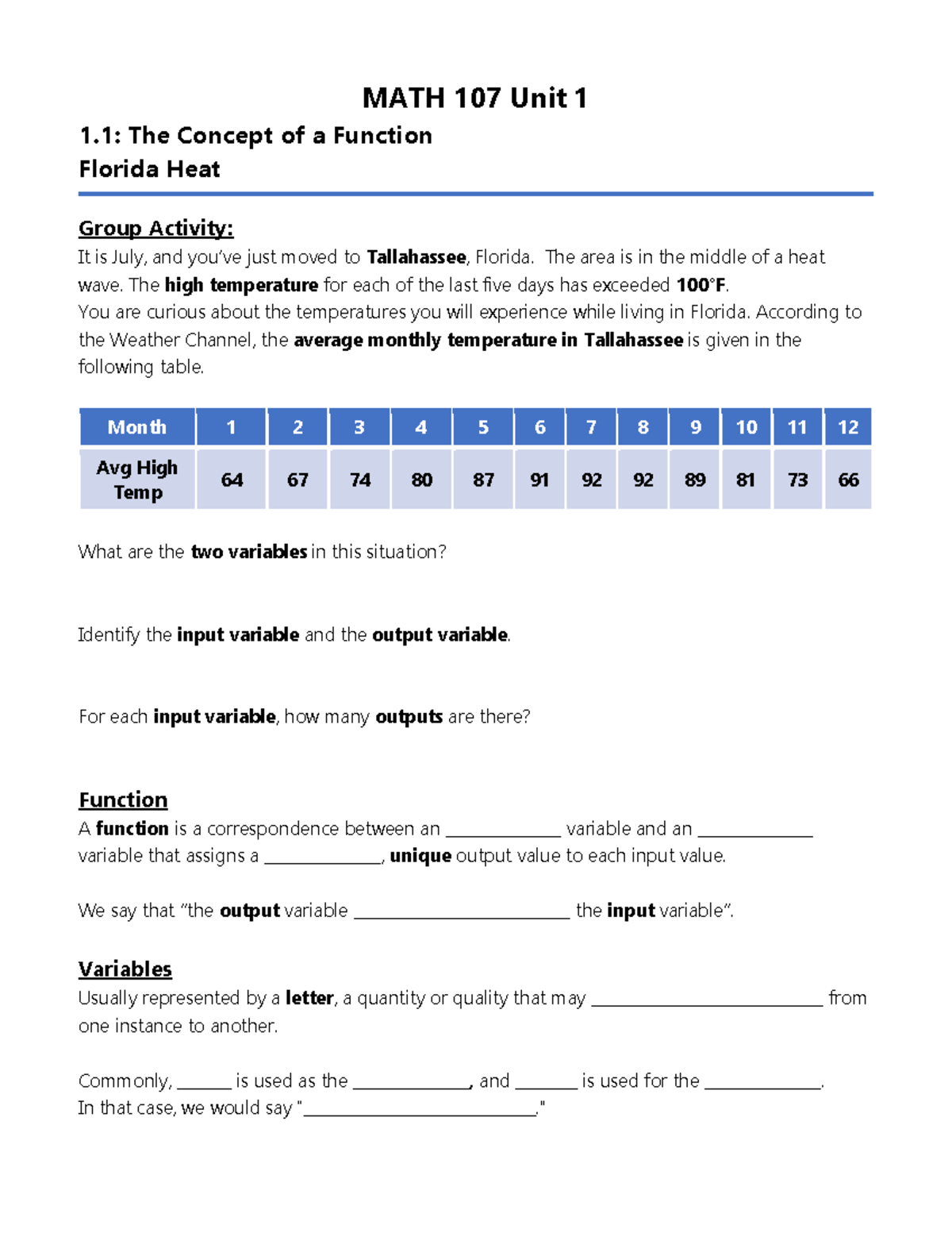 MATH 107 Unit 1 1.1: The Concept of a Function - Studocu